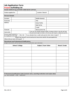 Fillable Online projectscaffolding co Job Application Form - Project ...