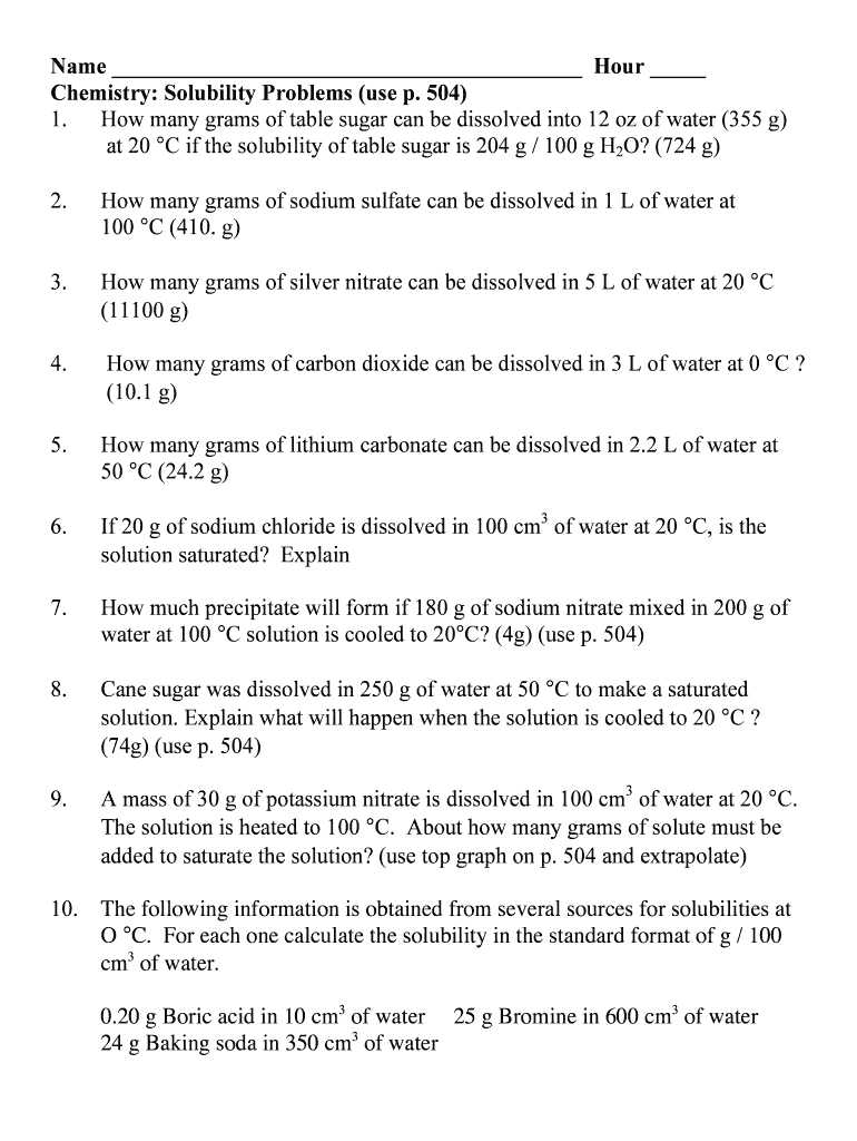 Fillable Online Name Hour Chemistry Solubility Problems use p 504 Fax ...