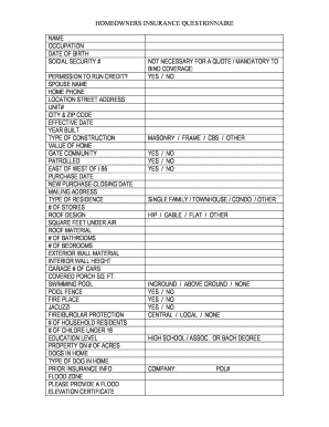 Fillable Online Homeowners insurance questionnaire name occupation date ...