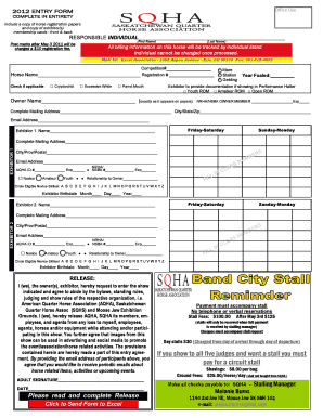 Fillable Online sqha Office Use 2012 ENTRY FORM COMPLETE IN ENTIRETY include a copy of horse ...