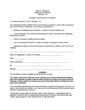 Illinois blanket certificate of resale