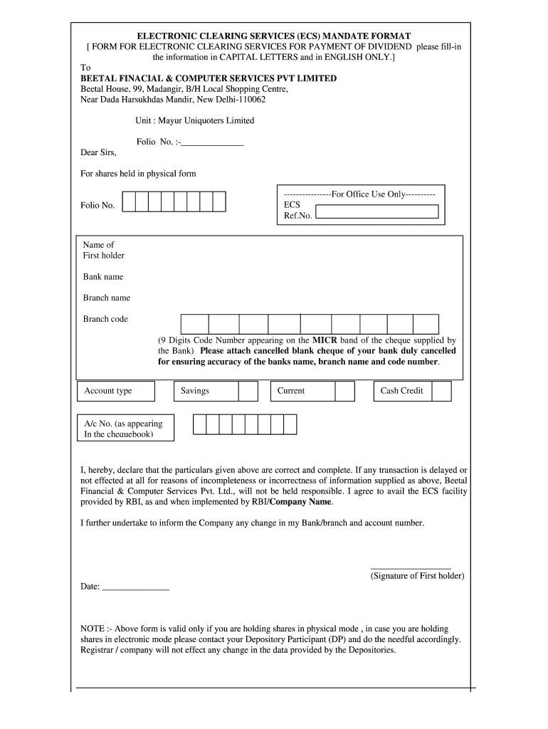Fillable Online ELECTRONIC CLEARING SERVICES (ECS) MANDATE FORMAT ...