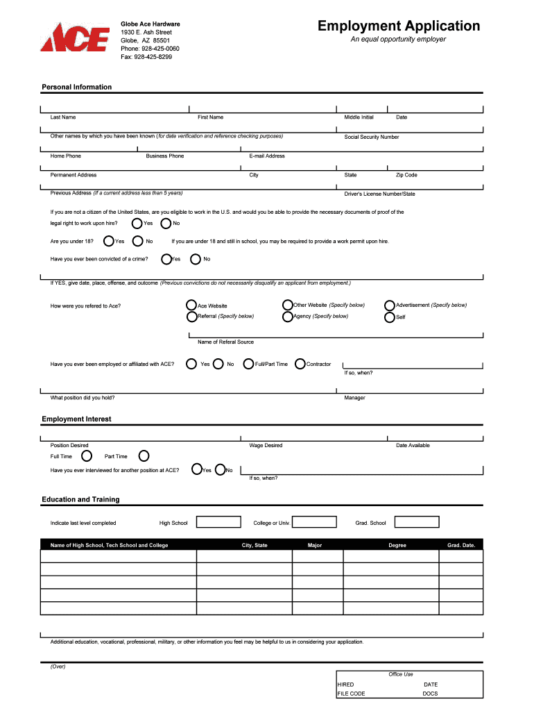 Fillable Online Employment Application Globe Ace Hardware 1930 E Fax ...