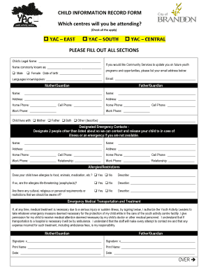 Fillable Online brandonyouth CHILD INFORMATION RECORD FORM Which ...