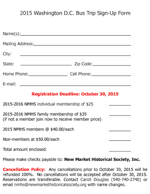 Fillable Online newmarkethistoricalsociety 2015 Washington DC Bus Trip ...