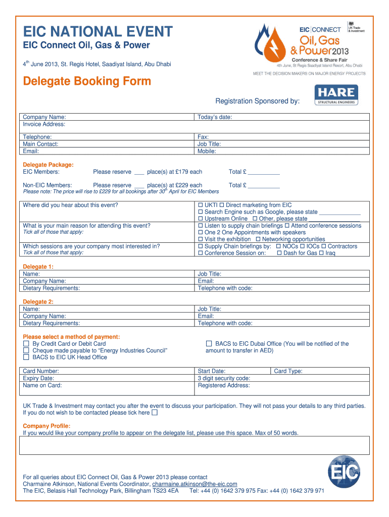 Fillable Online Delegate Booking Form - EIC Fax Email Print - pdfFiller
