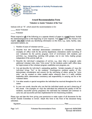 Fillable Online naap Award Recommendation bFormb - National Association of Activity bb - naap ...