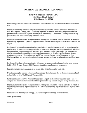 Fillable Online PATIENT AUTHORIZATION FORM - Live Well Physical Therapy ...