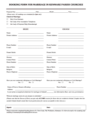 Fillable Online BOOKING FORM FOR KENMARE PARISH CHURCHES Fax Email ...