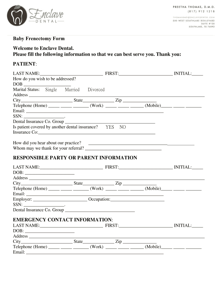 Fillable Online Baby Frenectomy Form - Enclave Dental Fax Email Print ...