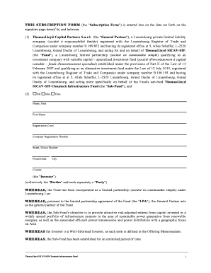 Fillable Online thomas-lloyd 2015-01 TL SICAV-SIF-CTIF Subscription ...