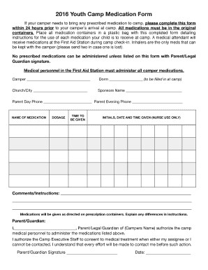 Fillable Online YOUTH MEDICATION FORM - LYM SUMMER CAMPS Fax Email ...