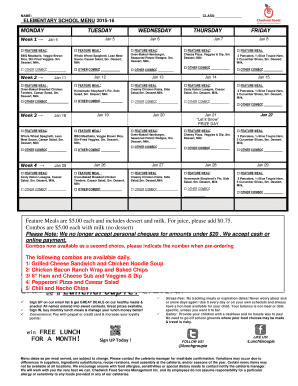 Fillable Online hpcs ednet ns Cafeteria Menu January 2016 Hammonds ...