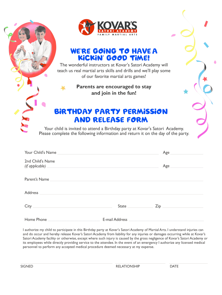 Fillable Online Birthday Party Permission and Release Form Fax Email ...