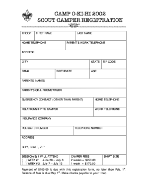 Fillable Online foothill CAMP O-KI-HI 2002 SCOUT CAMPER REGISTRATION ...