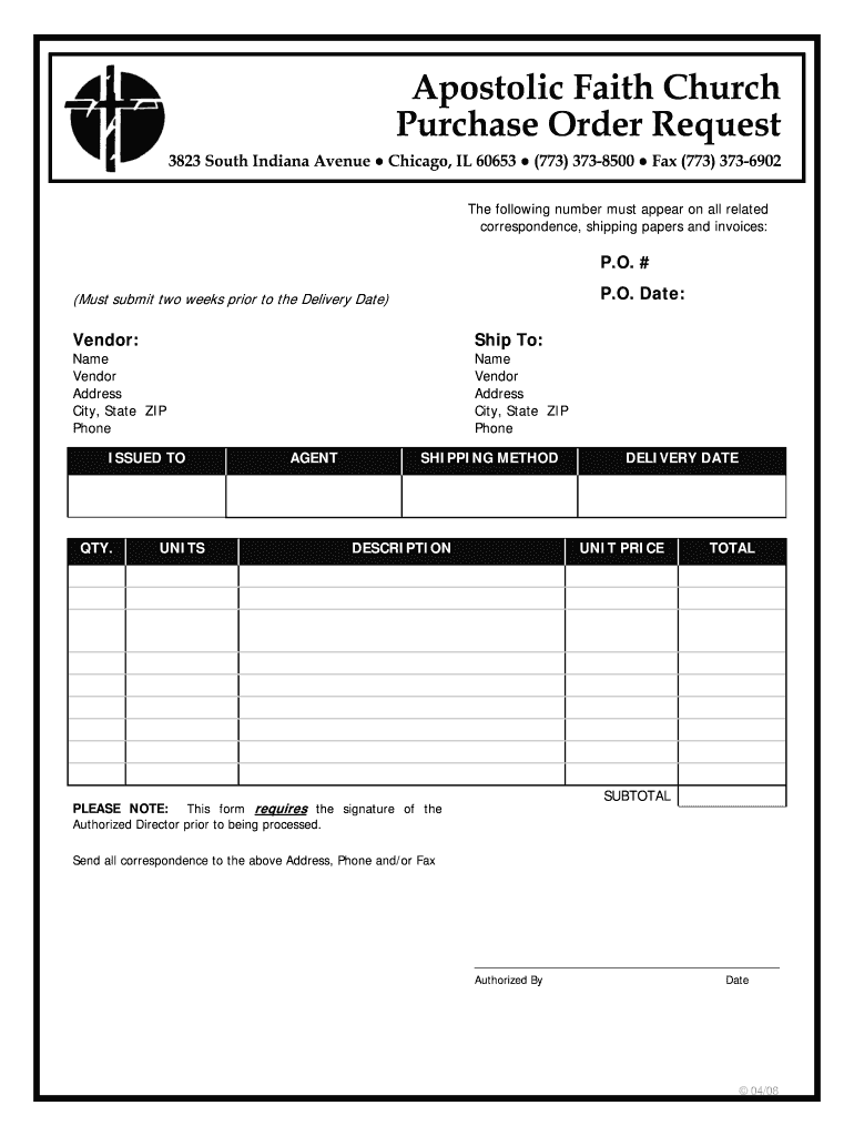 Fillable Online afcchicago Apostolic Faith Church Purchase Order ...