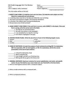 Fillable Online 5th Grade Language Arts Test Review Test 3 Unit 3 ...