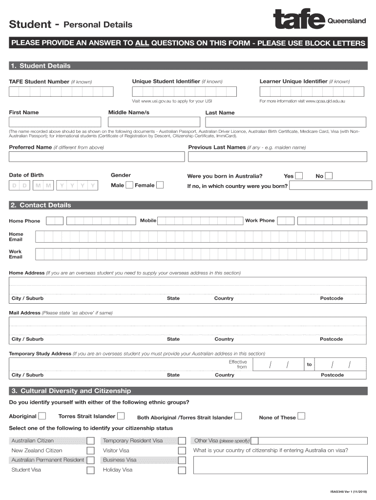 Fillable Online tafesouthwest edu Student - Personal Details bFormb ...