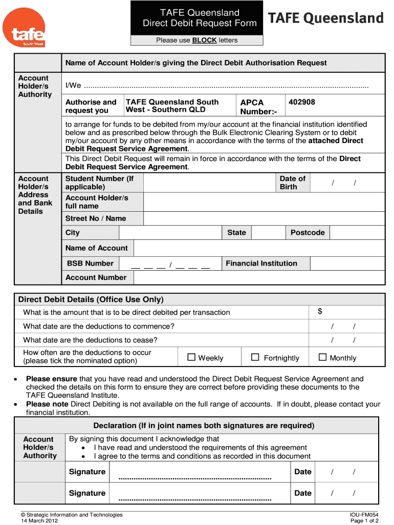 Fillable Online tafesouthwest edu Direct Debit Request bFormb - TAFE ...