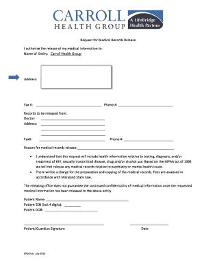 Fillable Online Records Release Form CHG 2 - bchgorthopaedicsbbcomb Fax Email Print - pdfFiller