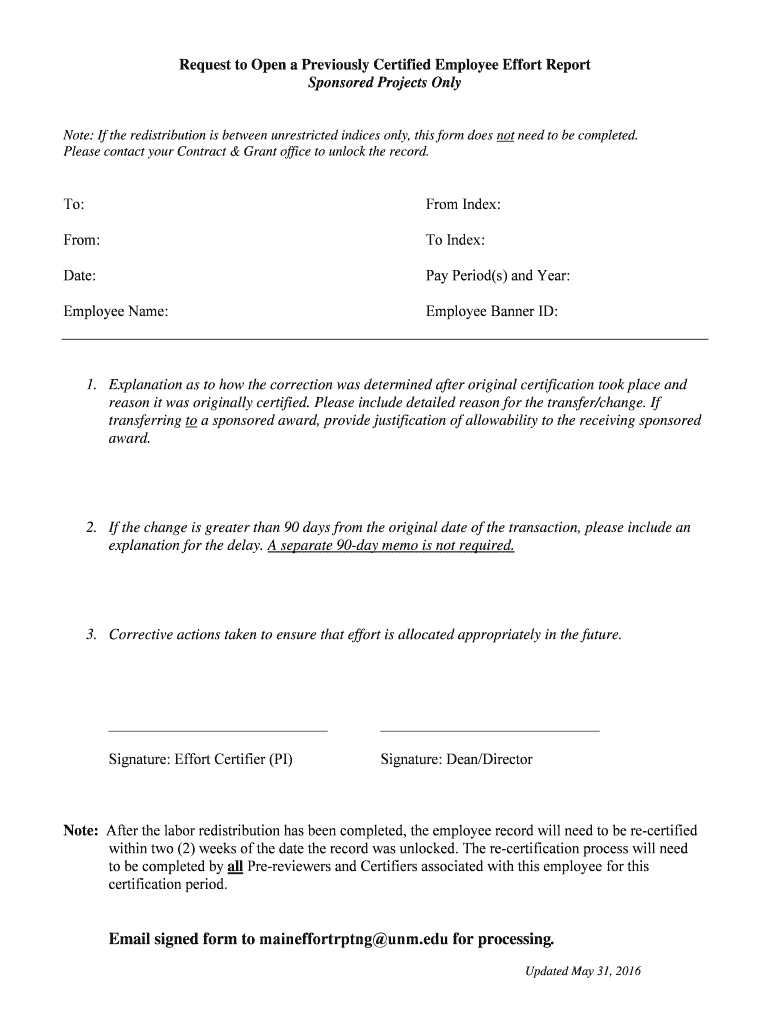 Fillable Online cgacct unm Request to Open a Previously Certified Employee Effort Report Fax ...