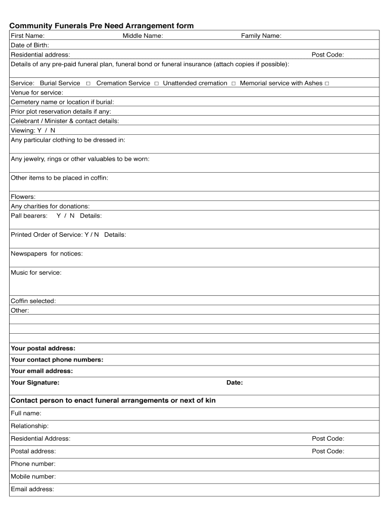 Fillable Online Community Funerals Pre Need Arrangement form Fax Email ...