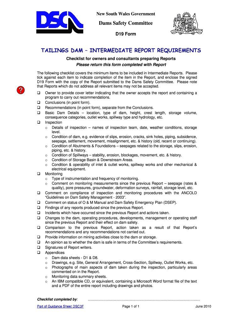 Fillable Online damsafety nsw gov Tailings Dam - Intermediate Report ...