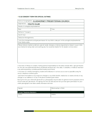 Fillable Online clogherneypc co 1202 CoNSENT FoRM FoR SPECIAL oUTINGS ...