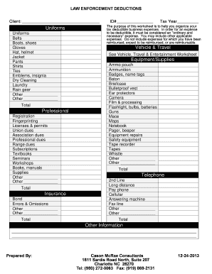 Fillable Online Police Officer - Tax Deduction Worksheet - Cyndie ...