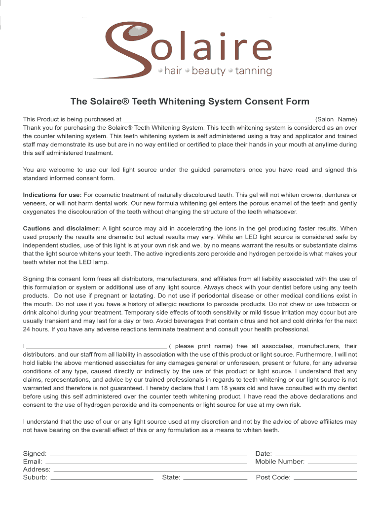 Fillable Online The Solaire Teeth Whitening System Consent Form Fax ...