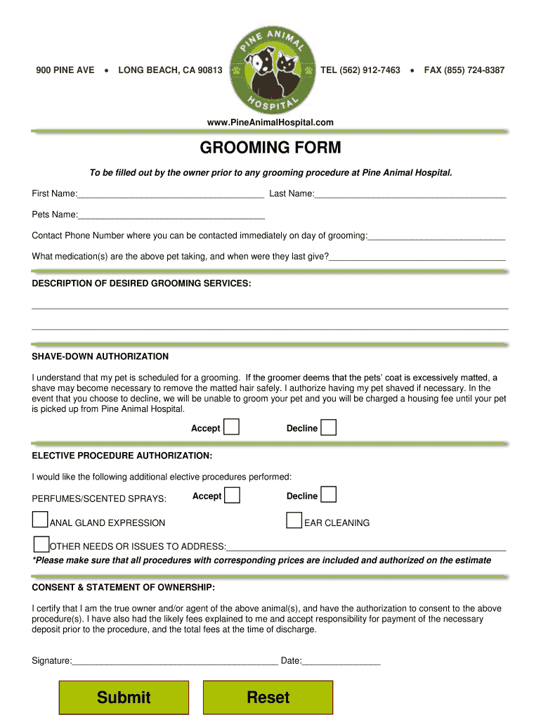 Fillable Online GROOMING FORM - PAH Fax Email Print - pdfFiller