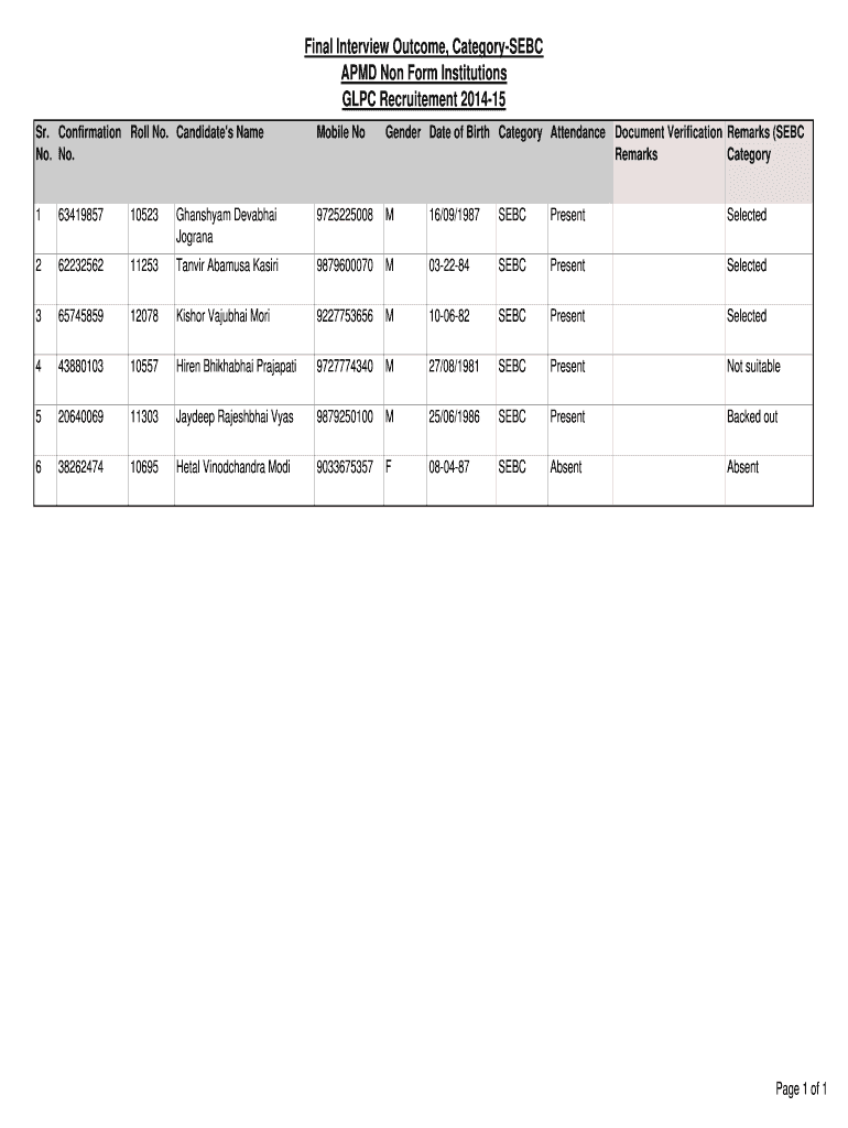 Fillable Online glpc co Final Interview Outcome Category-SEBC APMD Non ...