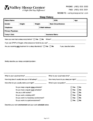 Fillable Online Sleep History Questionaire - Valley Sleep Center Fax ...