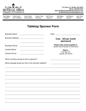 Fillable Online Tabletop Sponsor Form - Seville Chamber Of Commerce Fax ...