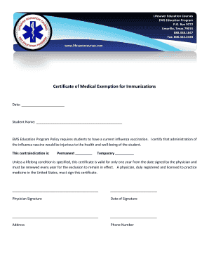Fillable Online Certificate of Medical Exemption for Immunizations Fax ...