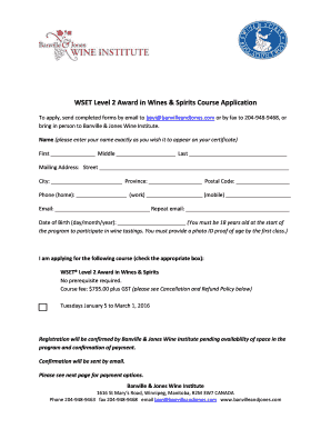 Fillable Online WSET Level 2 Award in Wines amp Spirits Course Application Fax Email Print ...