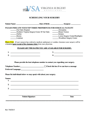 Fillable Online Scheduling your surgery - Virginia Surgery Associates ...