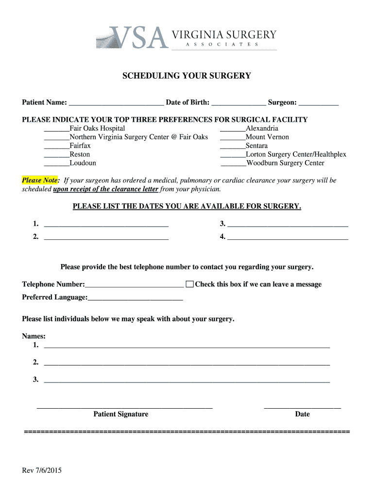 Fillable Online Scheduling your surgery - Virginia Surgery Associates ...