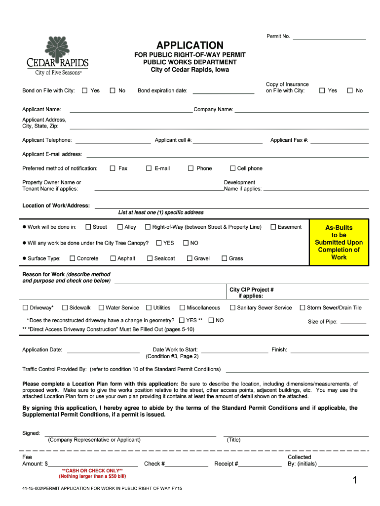 Fillable Online cedar-rapids Bond to Work in Right of Way - City of Cedar Rapids Fax Email Print ...