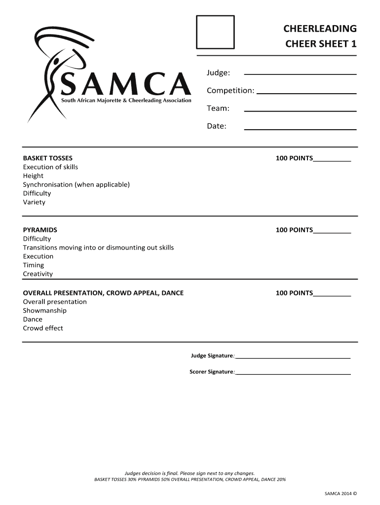 Fillable Online samca SAMCA 2014 CHEERLEADING CHEER SHEET 1 Judge ...