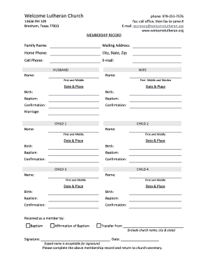Fillable Online welcomelutheran Membership Record form - Welcome ...