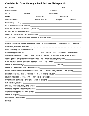Fillable Online Adult Case History Form - Back In Line Chiropractic Fax ...