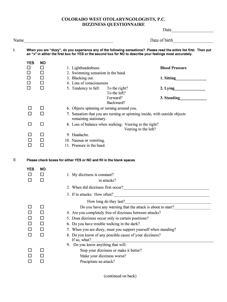 Fillable Online Dizziness Questionnaire - Colorado West ...