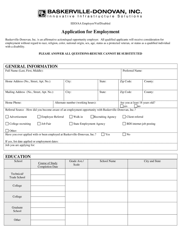 Fillable Online BDI-Employment-Application - Baskerville-Donovan, Inc ...