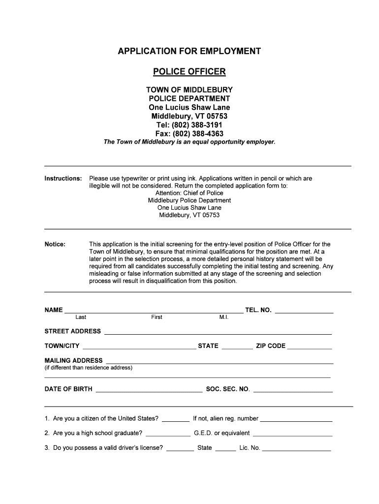 Fillable Online middleburypolice Police officer application ...