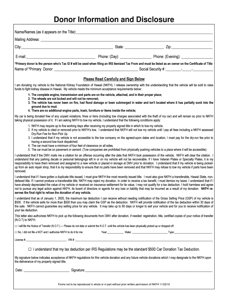 Fillable Online kidneyfriends Donor Information and Disclosure - Kidney ...