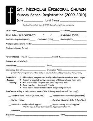 Fillable Online Sunday School Registration (2009-2010) - St. Nicholas ...