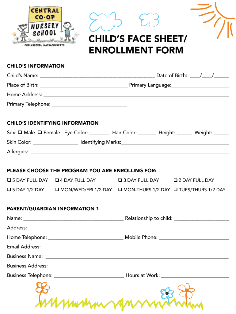 Fillable Online centralcoop CHILDS FACE SHEET ENROLLMENT FORM ...