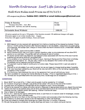 Fillable Online Hall Hire Rules and Prices as of 01/12/13. All ...