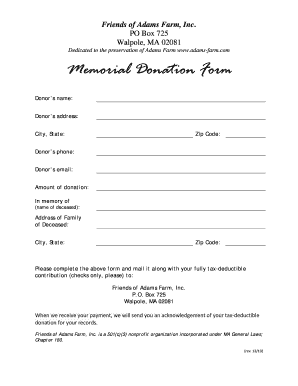 Fillable Online Memorial Donation Form - Adams Farm Fax Email Print ...